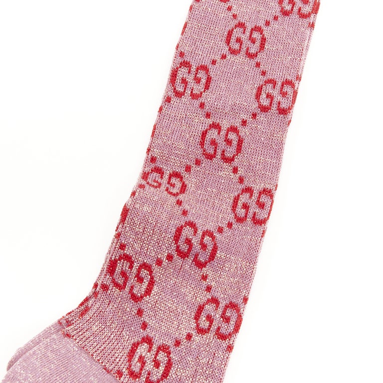 new GUCCI pink gold lurex metallic GG monogram long socks M at 1stDibs