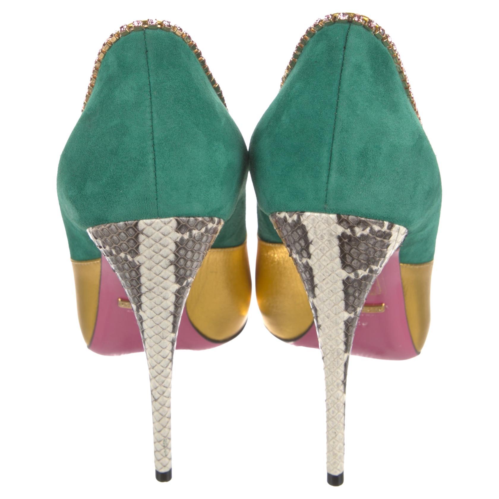 New Gucci Python Suede Gold Leather Crystal Pump Heels Size 38.5 For ...