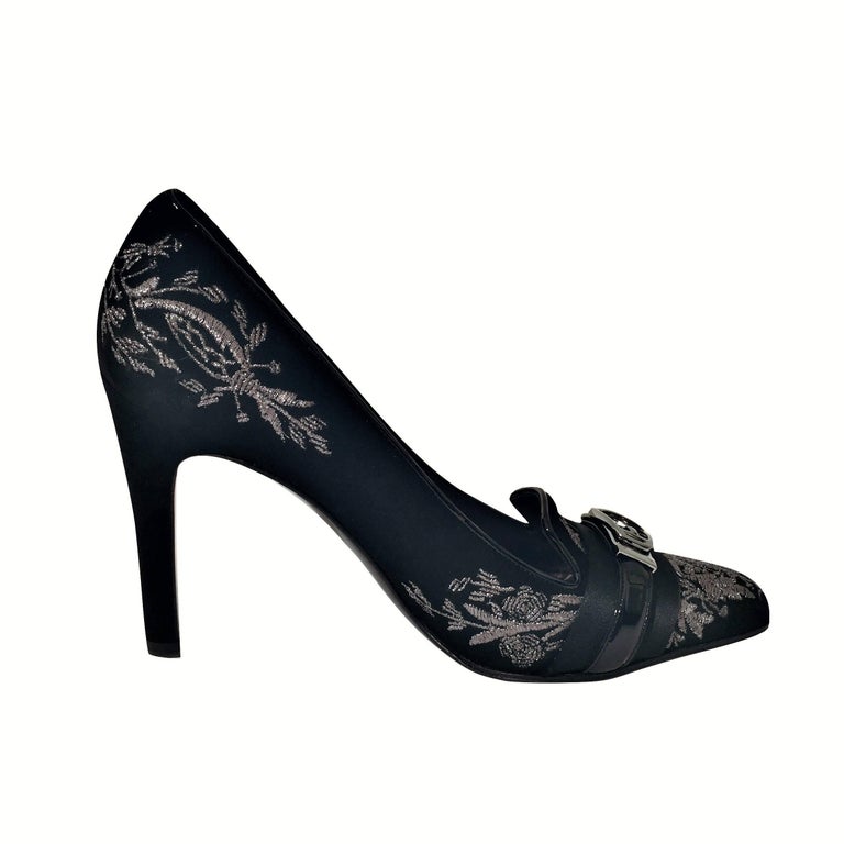 New Gucci Runway Suede Brocade Buckle Heels Sz 37 at 1stDibs
