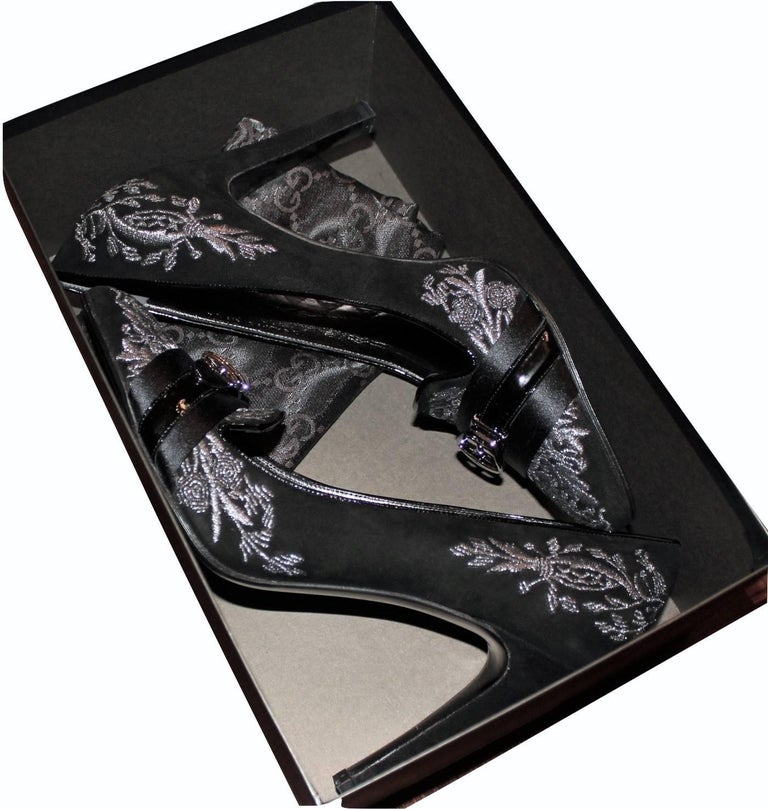 New Gucci Runway Suede Brocade Buckle Heels Sz 37 at 1stDibs