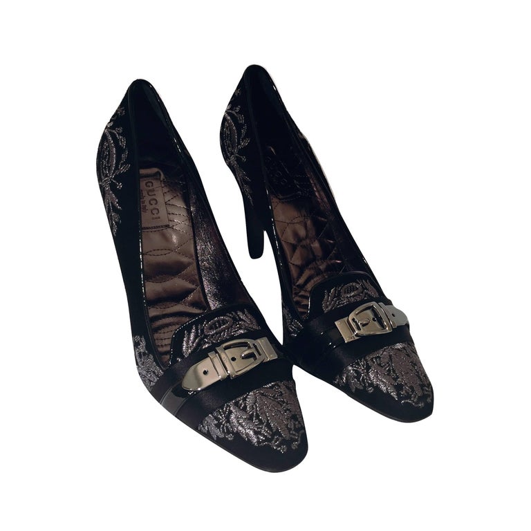 New Gucci Runway Suede Brocade Buckle Heels Sz 37 at 1stDibs