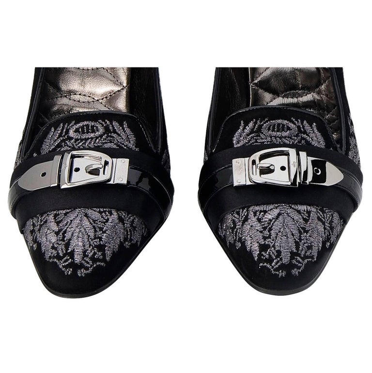 New Gucci Runway Suede Brocade Buckle Heels Sz 37 at 1stDibs
