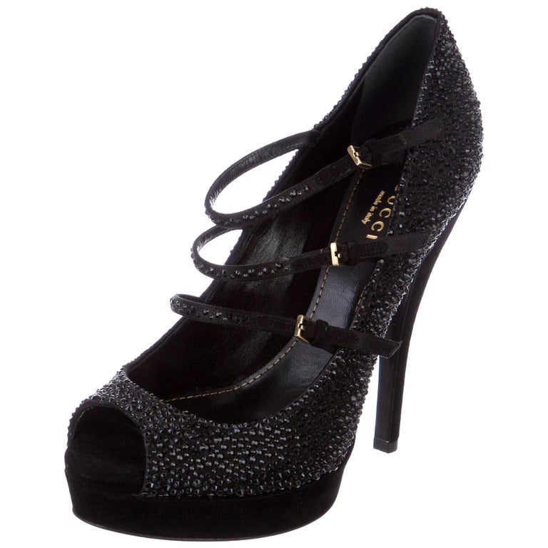 New Gucci Stunning Crystal and Suede Leather Platform Heels Pumps Sz 38 ...