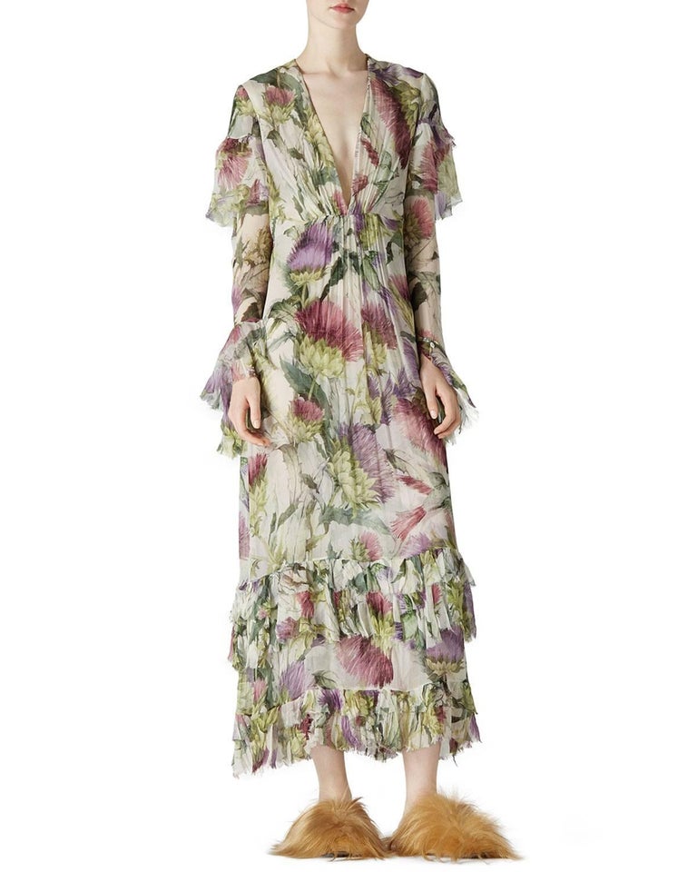 New Gucci Thistles and Birds Print Romantic Silk Watercolor Dress It ...