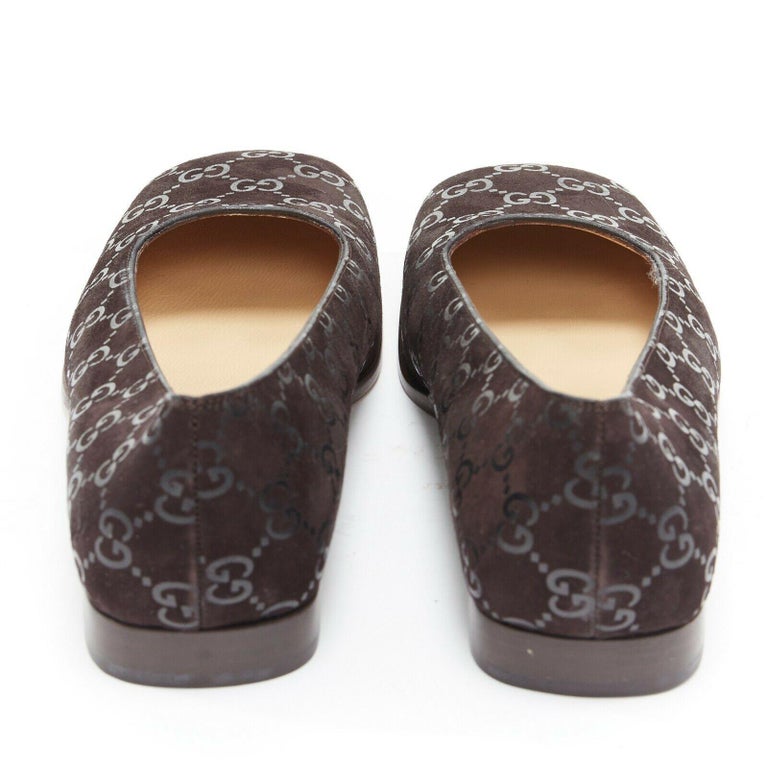 new GUCCI Vintage brown monogram printed black suede square toe loafer ...