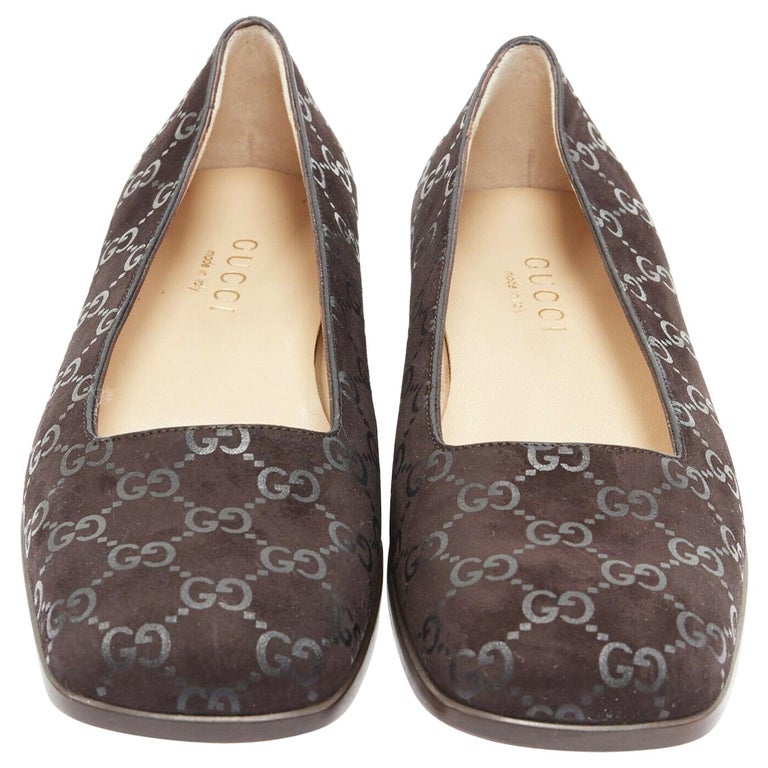 new GUCCI Vintage brown monogram printed black suede square toe loafer ...