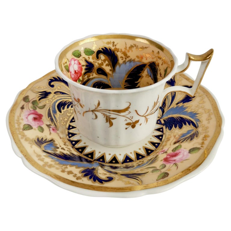 New Hall Coffee Cup, Cream with Blue Acanthus and Pink Roses, Regency ...