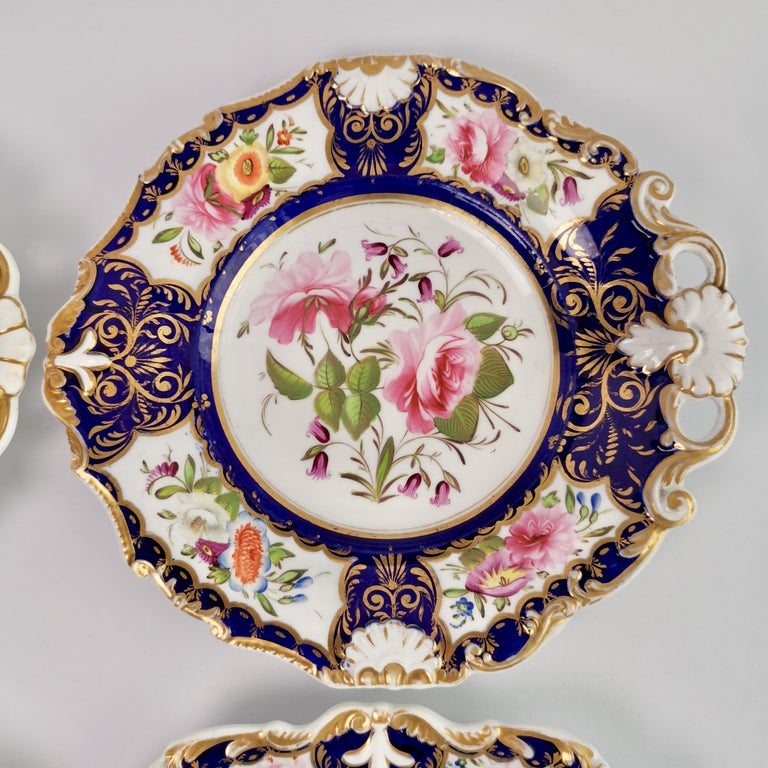 New Hall Porcelain Dessert Service, Cobalt Blue with Flowers, Regency ...