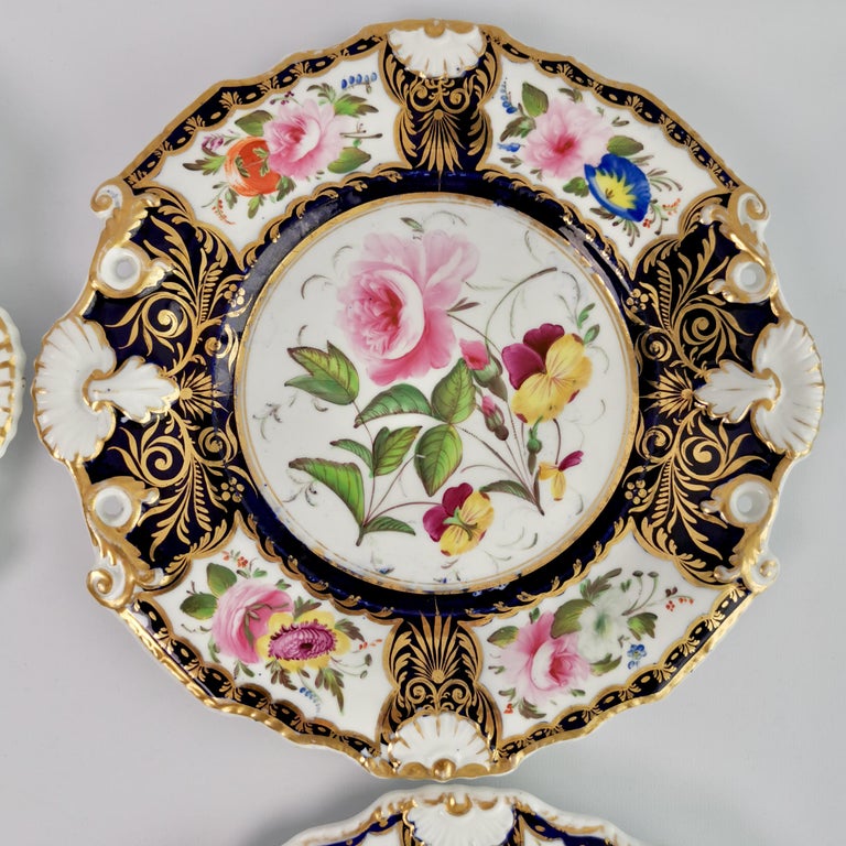 New Hall Porcelain Dessert Service, Cobalt Blue with Flowers, Regency ...
