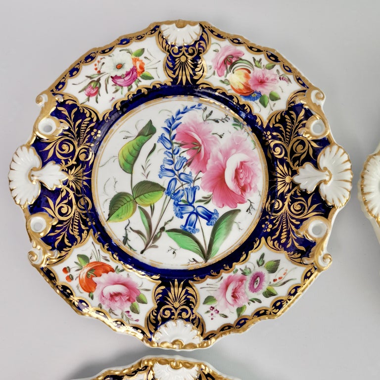 New Hall Porcelain Dessert Service, Cobalt Blue with Flowers, Regency ...