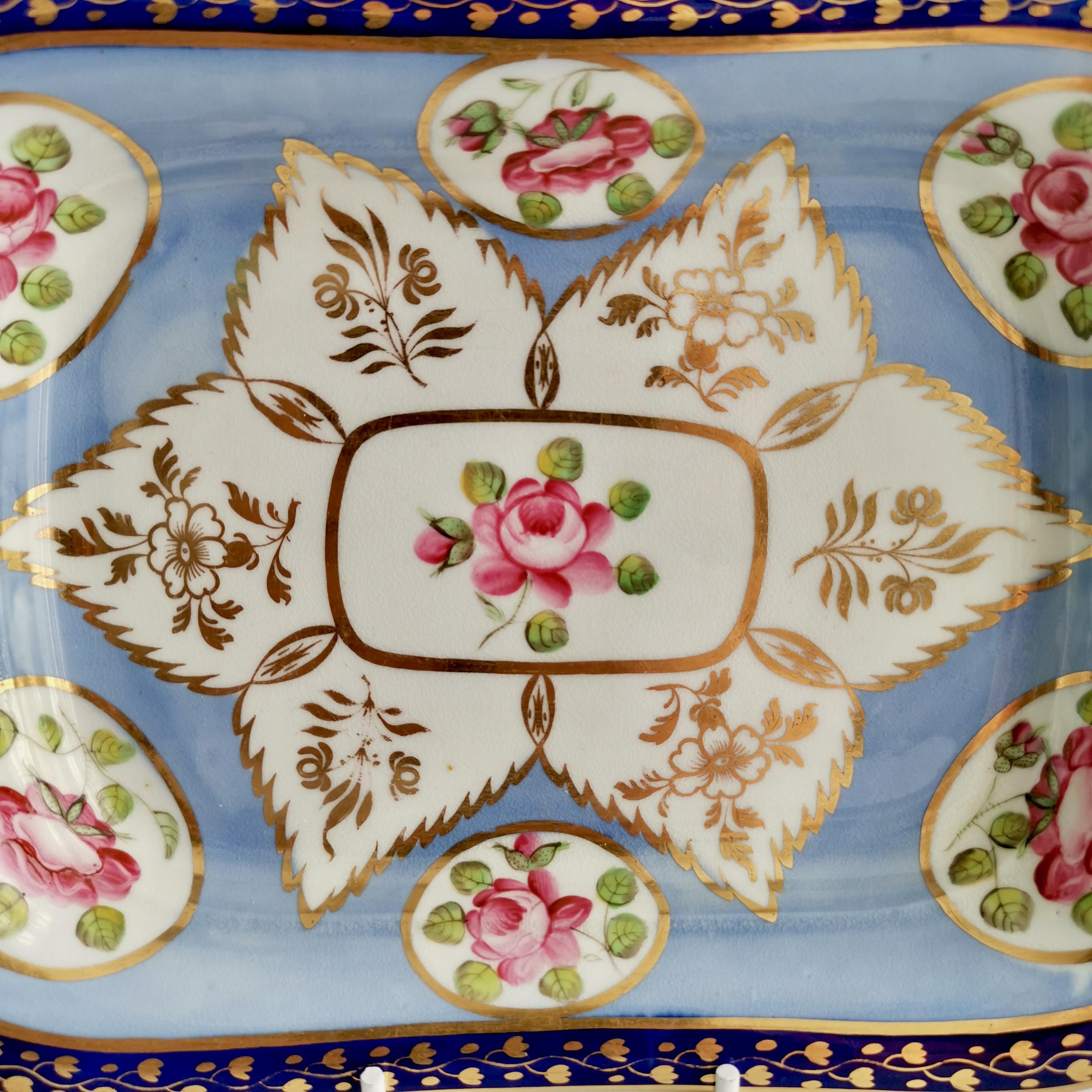 New Hall Porcelain Serving Dish, Periwinkle Gilt and Pink Roses ...
