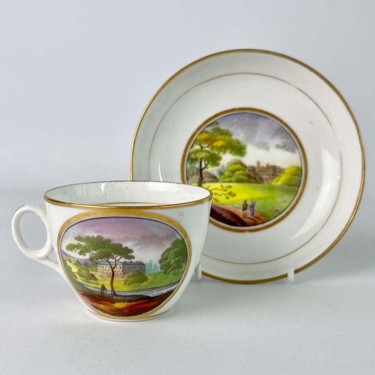New Hall Porcelain Teacup, Coloured Bat Printed Landscapes, Regency, ca ...