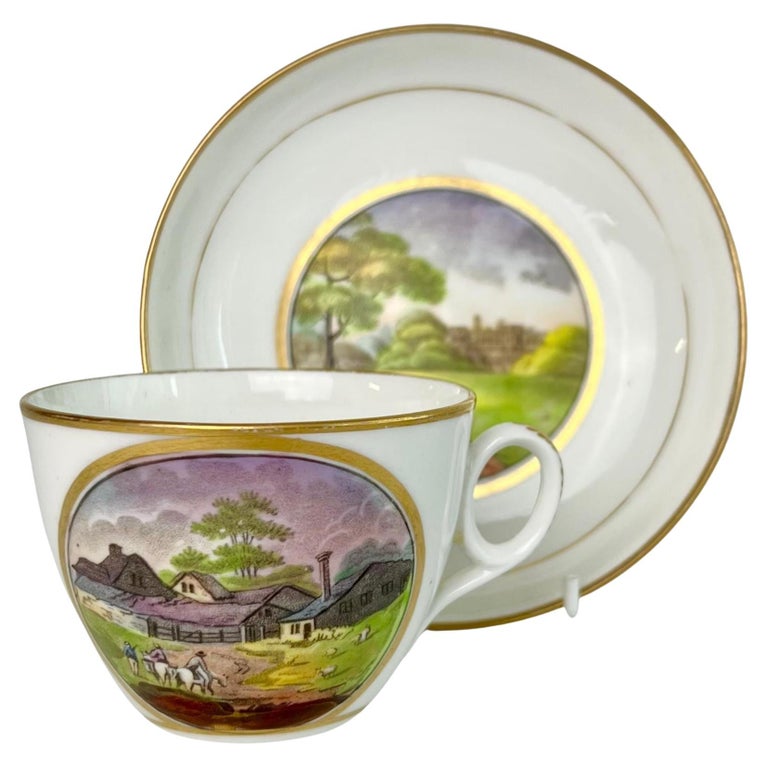 New Hall Porcelain Teacup, Coloured Bat Printed Landscapes, Regency, ca ...