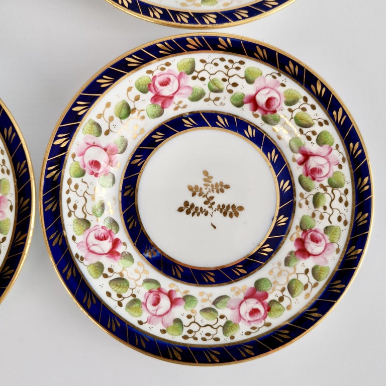 New Hall Set of 4 Porcelain Tea Plates, Cobalt Blue, Pink Roses ...