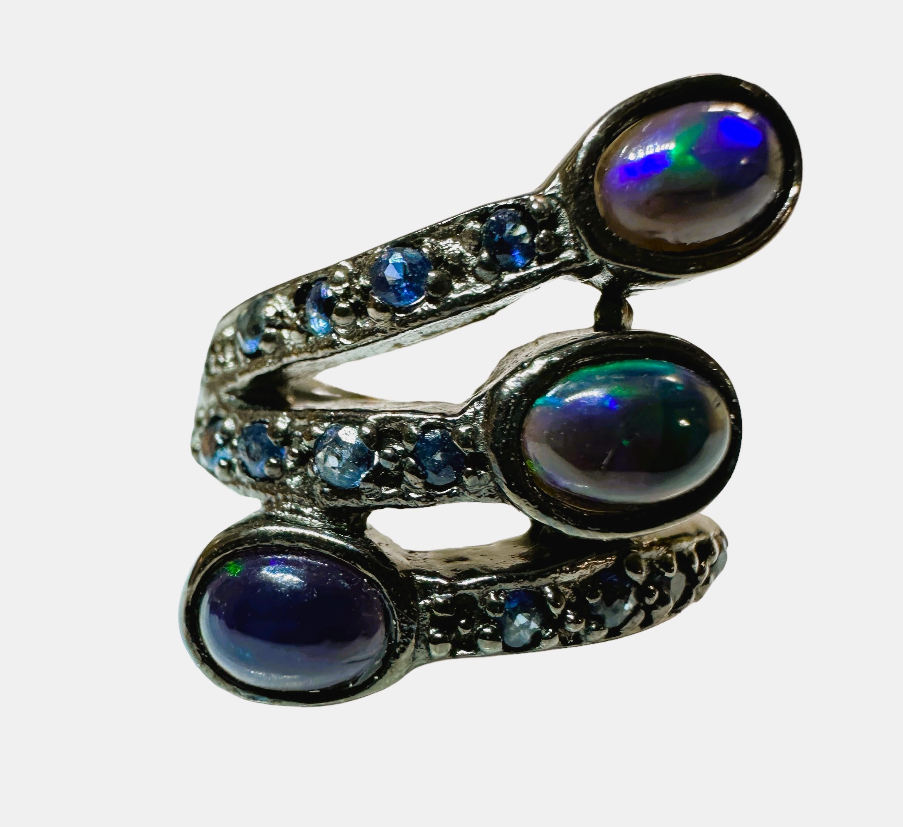 New Handmade Ethiopian Black Opal and Blue Sapph Ring in Oxi-black ...