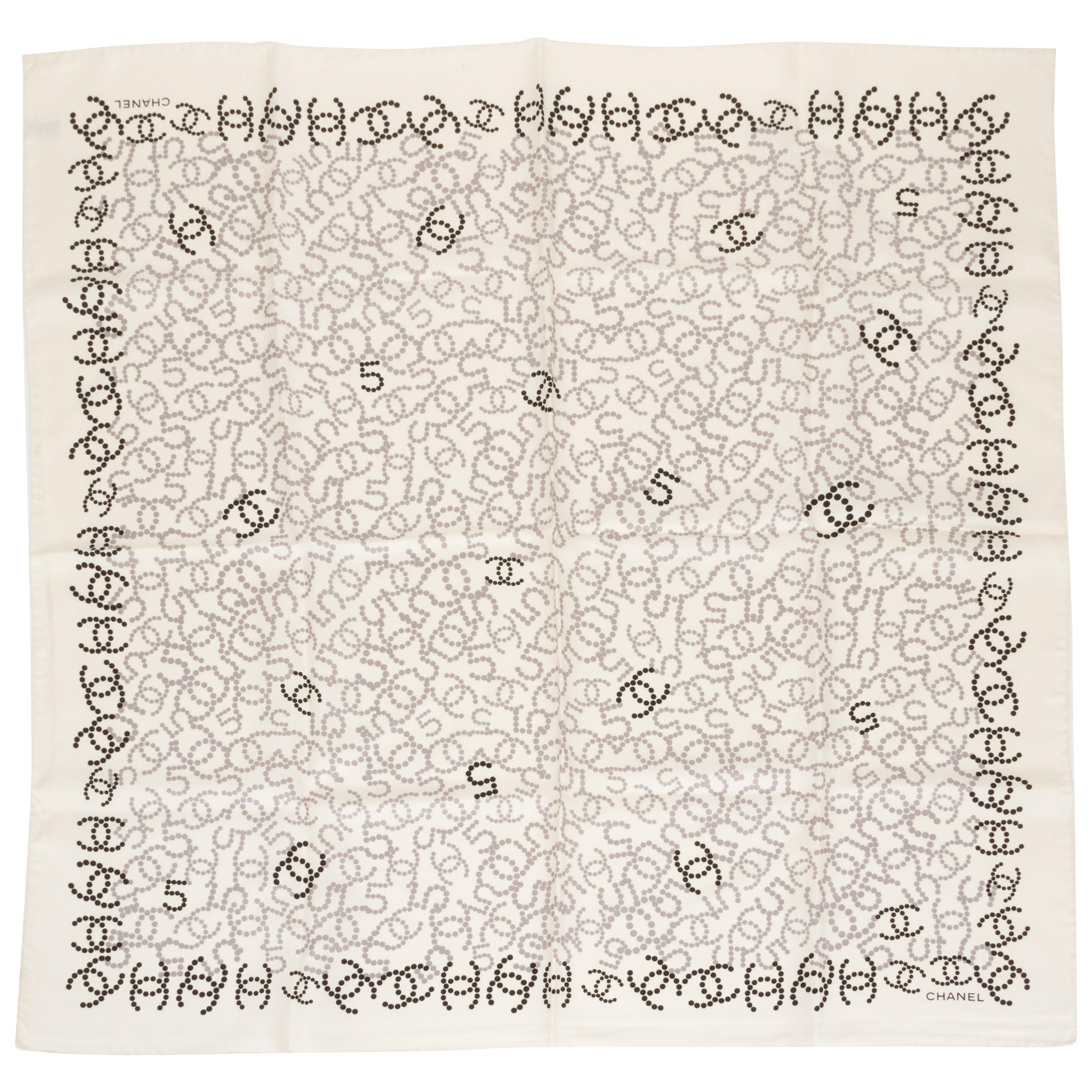 New in Box Chanel Cream Black and Grey Logo Scarf at 1stDibs