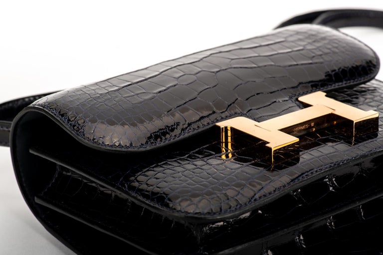 New in Box Hermes Blue Nuit Constance 18 Croc Bag at 1stDibs