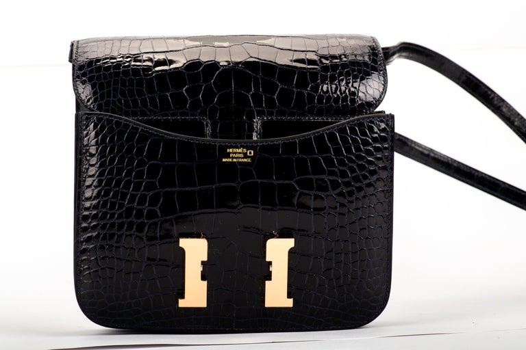New in Box Hermes Blue Nuit Constance 18 Croc Bag at 1stDibs
