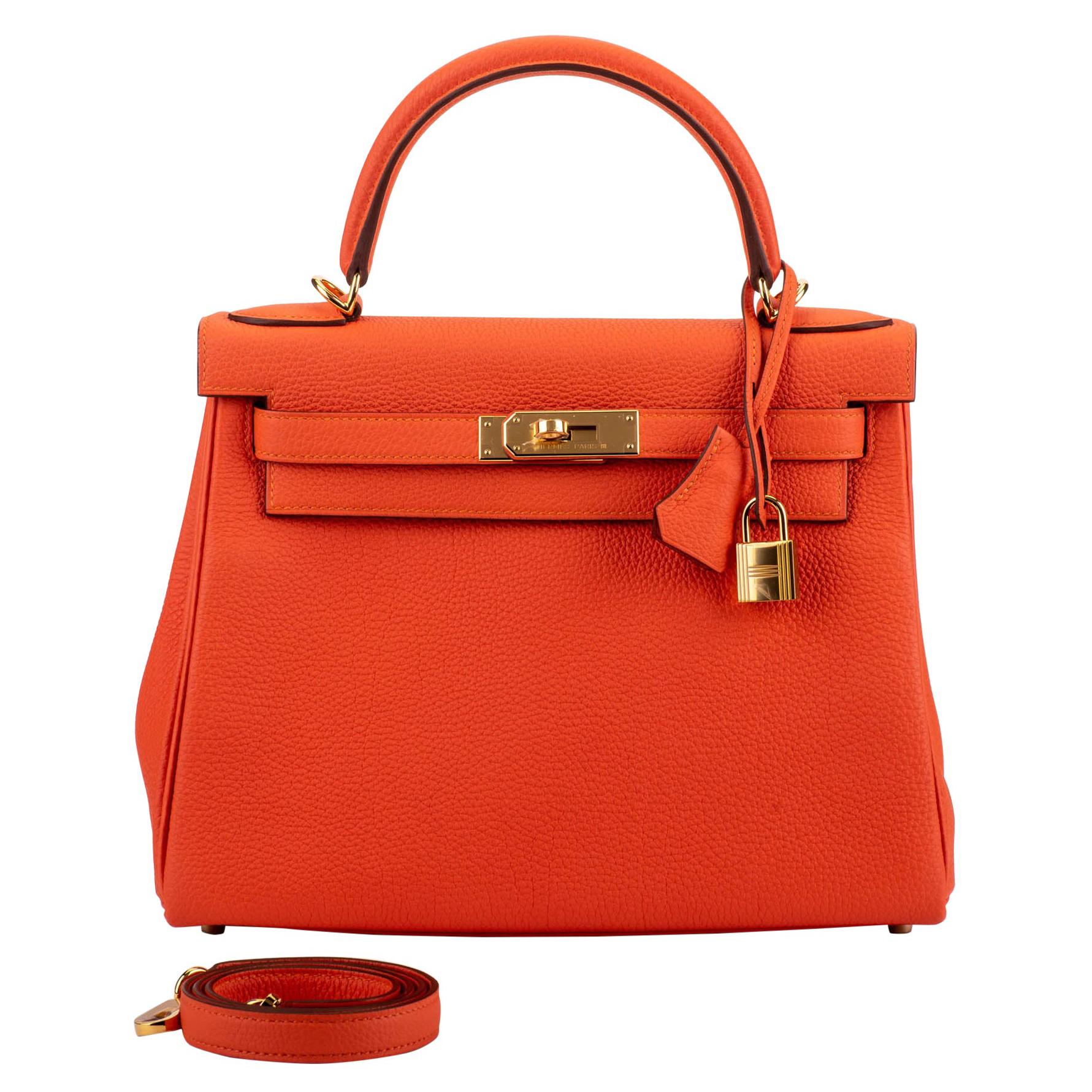 New in Box Hermes Kelly 28cm Feu Togo Gold Bag at 1stDibs