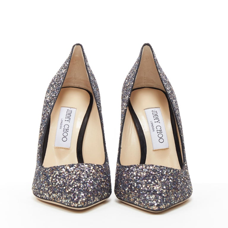 new JIMMY CHOO Romy 100 Twiliight navy copper fine glitter pointy toe ...