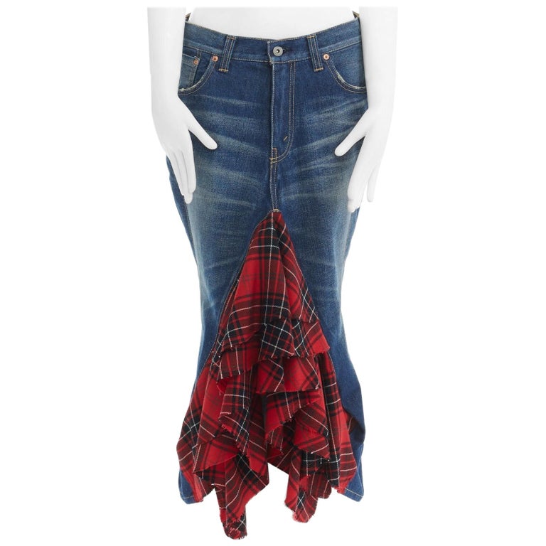 new JUNYA WATANABE 2017 blue denim red plaid ruffle deconstructed skirt ...
