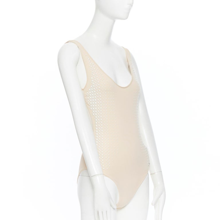 new LA PERLA cream nude white pearl bead embellished mesh monokini ...