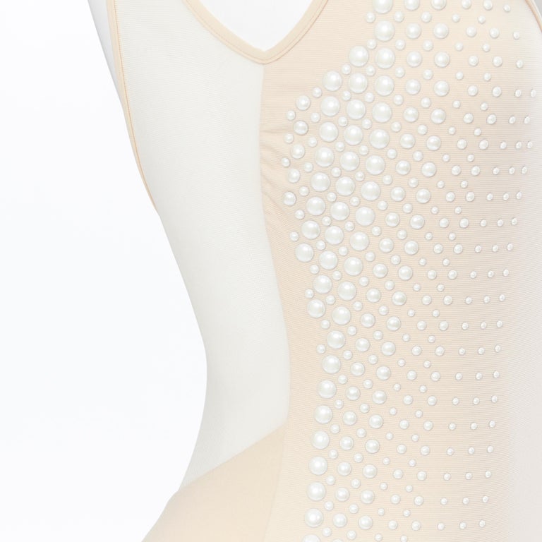 new LA PERLA cream nude white pearl bead embellished mesh monokini ...