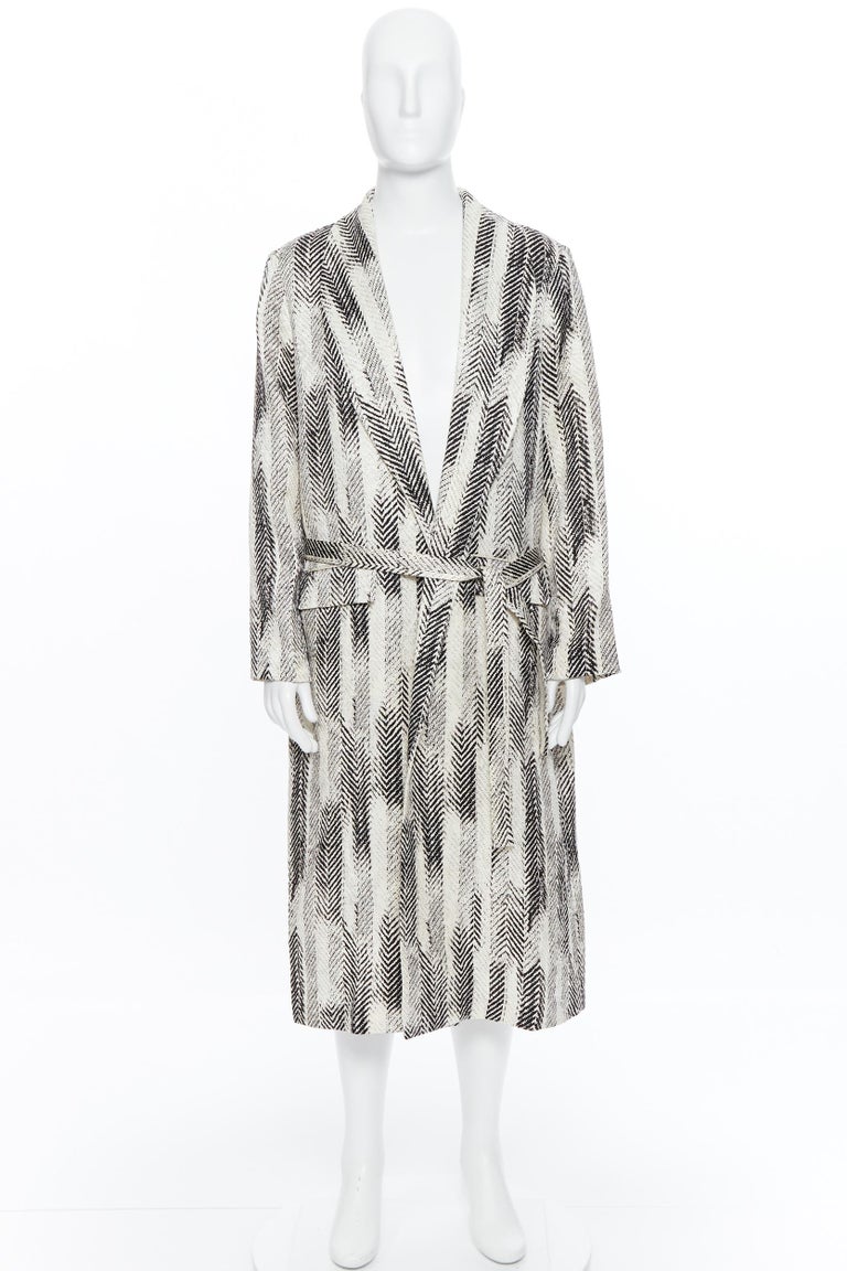 new LA PERLA MENSWEAR Runway black white wool silk jacquard belted robe ...