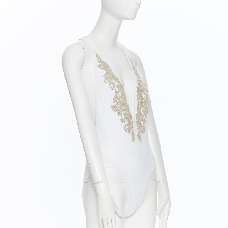 new LA PERLA white gold sequins nude mesh insert plunge neck monokini ...