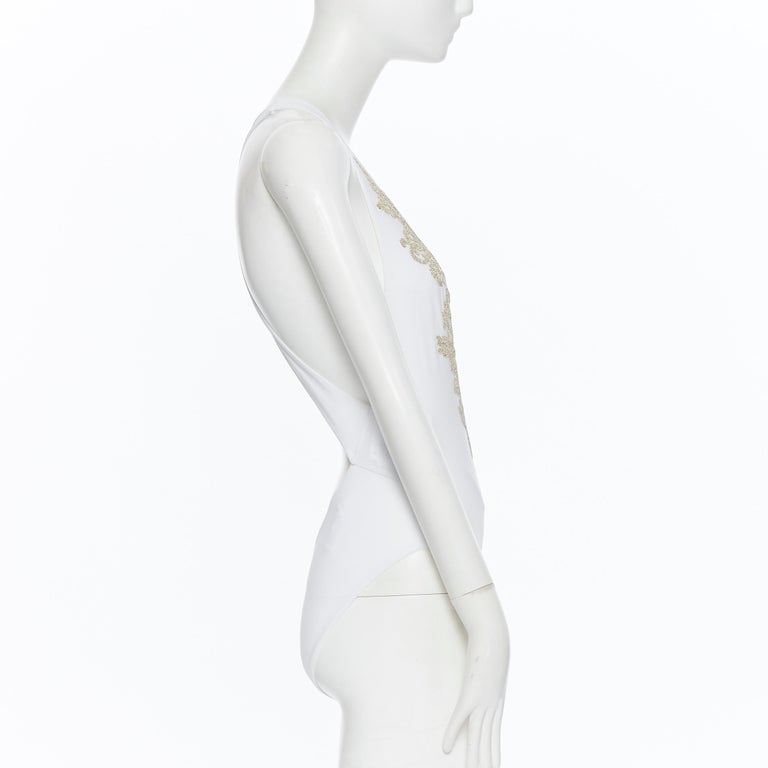 new LA PERLA white gold sequins nude mesh insert plunge neck monokini ...