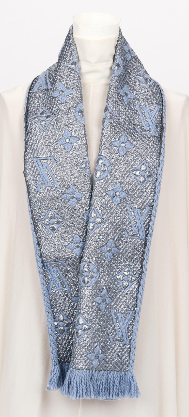 New Louis Vuitton Logo Blue Metallic Woven Scarf For Sale at 1stDibs