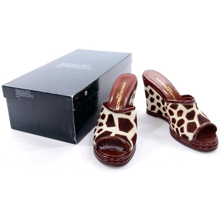 New Maud Frizon Paris Wedge Heel Open Toe Shoes in Pony Fur Giraffe ...