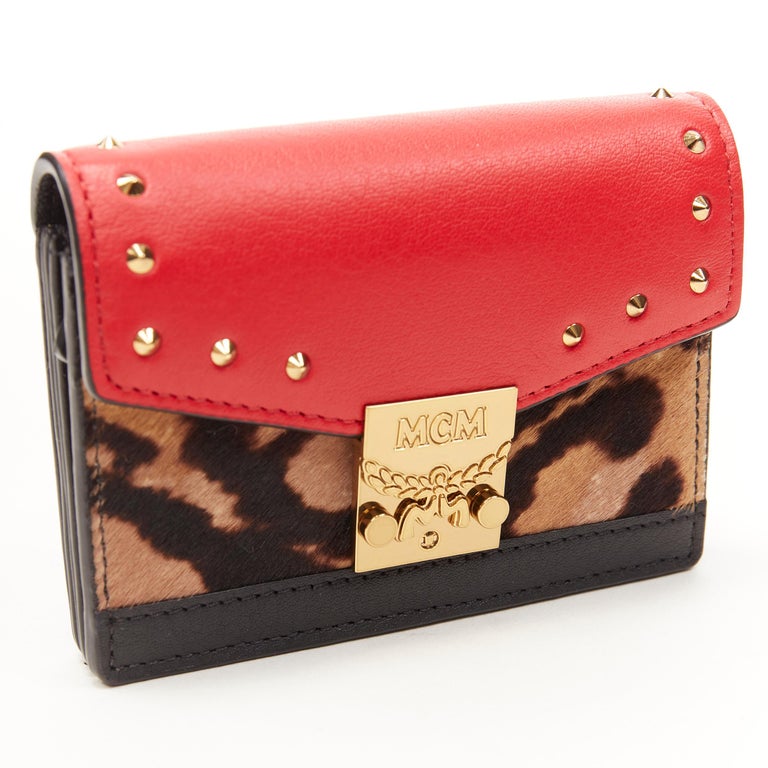 new MCM red leopard gold studded flap cardholder micro crossbody chain ...