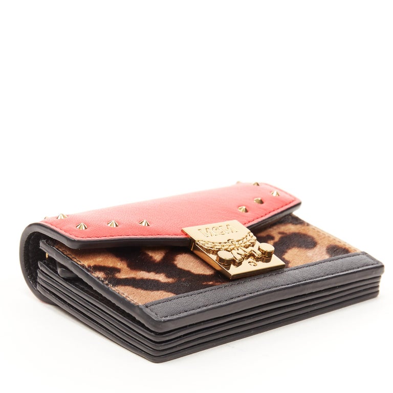 new MCM red leopard gold studded flap cardholder micro crossbody chain ...