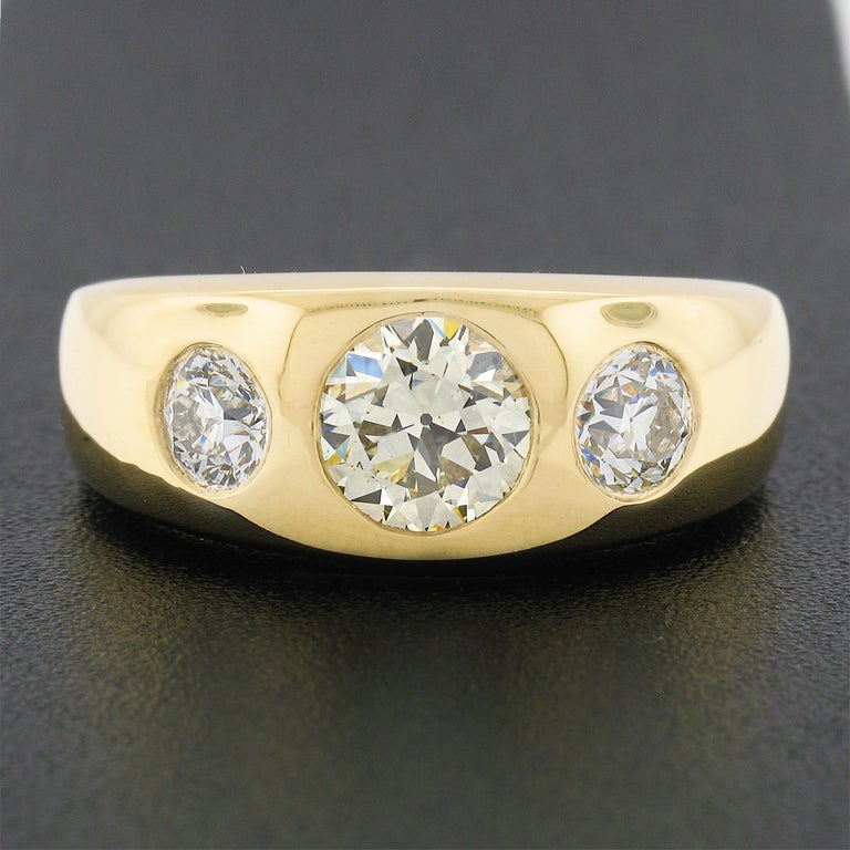 NEW Mens 18K Yellow Gold 1.96ct GIA Old European Diamond 3 Stone Gypsy ...