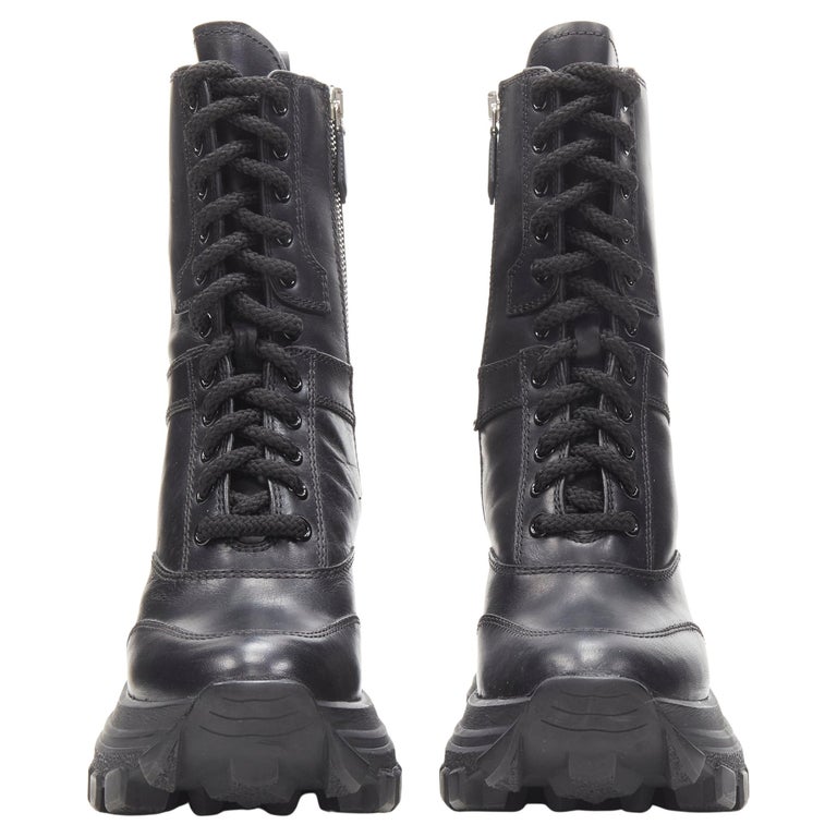 new MIU MIU 2019 Runway black leather chunky platform wedge combat boot EU36 For Sale at 1stDibs