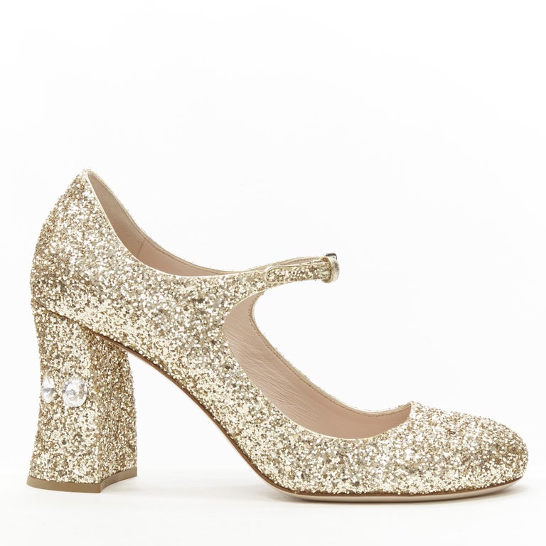 new MIU MIU jewelled crystal rhinestone gold glitter maryjane heel EU38 ...