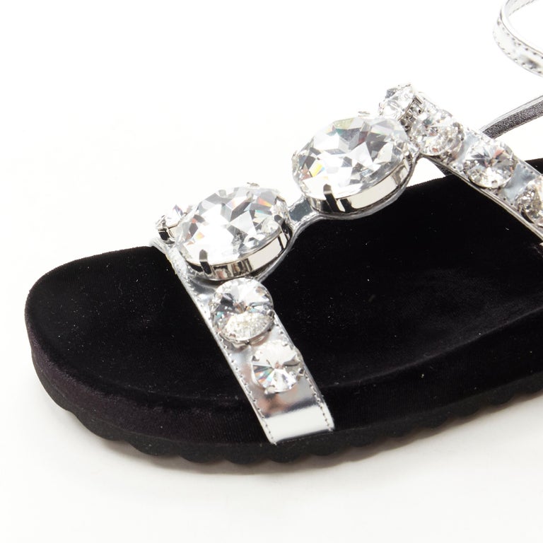 new MIU MIU large rhinestone crystal metallic silver velvet flat sandals EU37.5 For Sale at 1stDibs