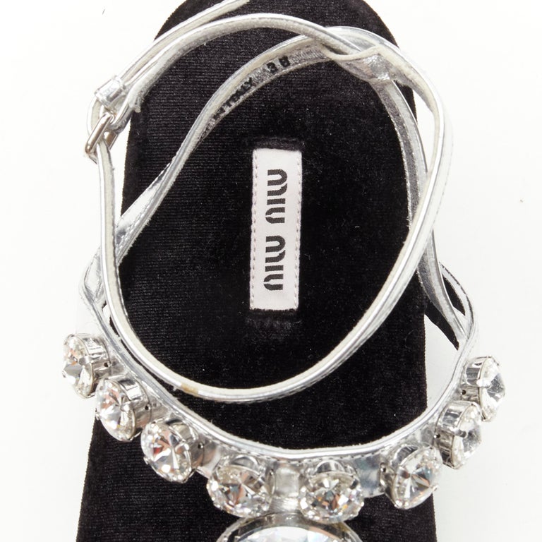 new MIU MIU large rhinestone crystal metallic silver velvet flat sandals EU37.5 For Sale at 1stDibs