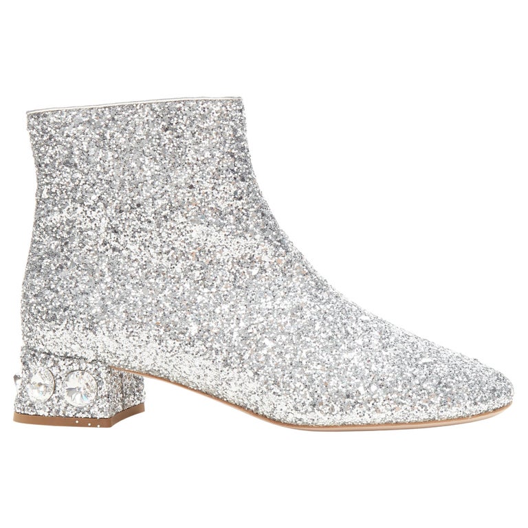 new MIU MIU silver glitter large rhinestone crystal heel ankle boots ...