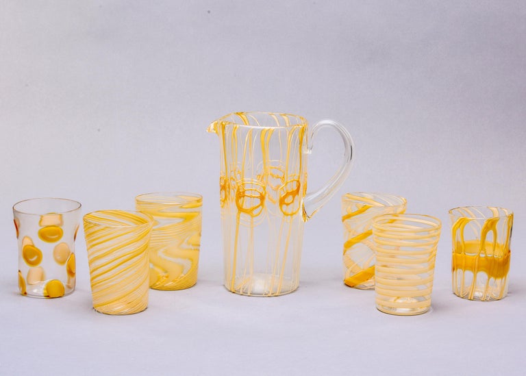 New Murano Glass Gold Streaked Pitcher and Six Glasses For Sale at 1stDibs