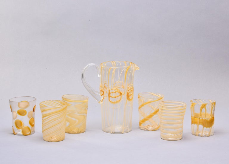 New Murano Glass Gold Streaked Pitcher and Six Glasses For Sale at 1stDibs