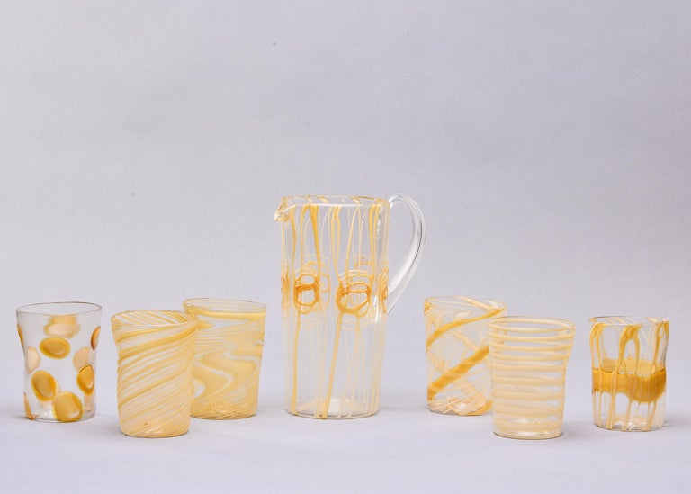 New Murano Glass Gold Streaked Pitcher and Six Glasses For Sale at 1stDibs