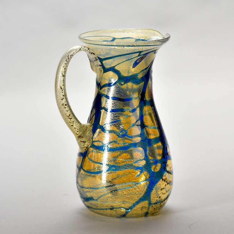 New Murano Glass Pitcher in Iridescent Gold with Blue Streaks For Sale ...