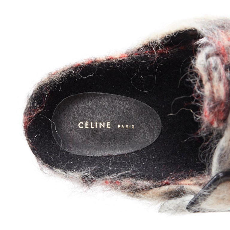 new OLD CELINE Boxy Mohair grey red check print buckle flat sandal ...