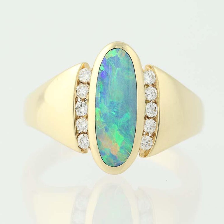 Opal and Diamond Kabana Ring, 14 Karat Yellow Gold Round Brilliant .18 ...
