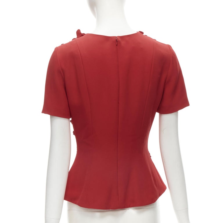 new OSCAR DE LA RENTA red viscose 3D flower petal applique peplum top ...
