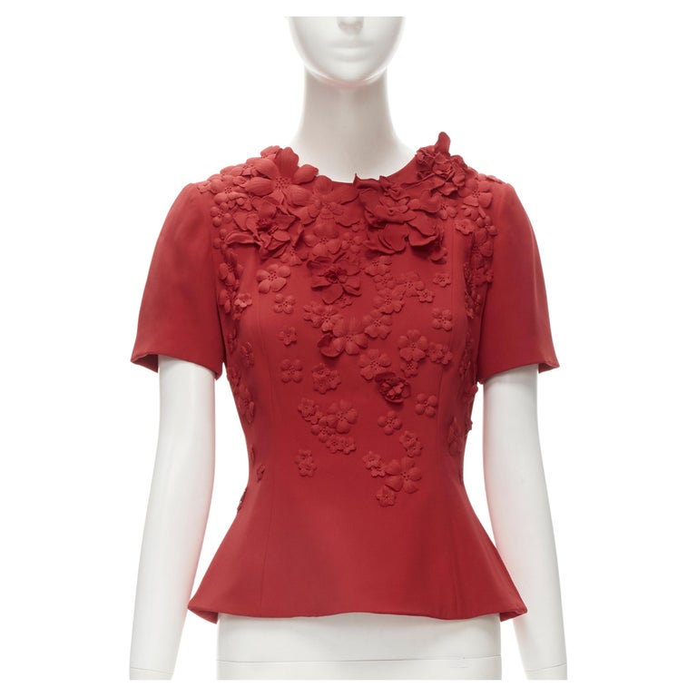 new OSCAR DE LA RENTA red viscose 3D flower petal applique peplum top ...