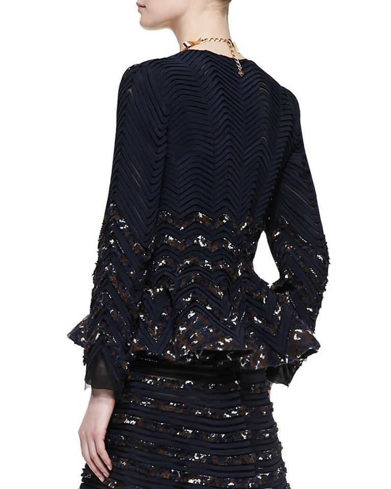 New Oscar De La Renta Zig-Zag Sheer Navy Blue Ribbon Peplum Jacket US 6 ...