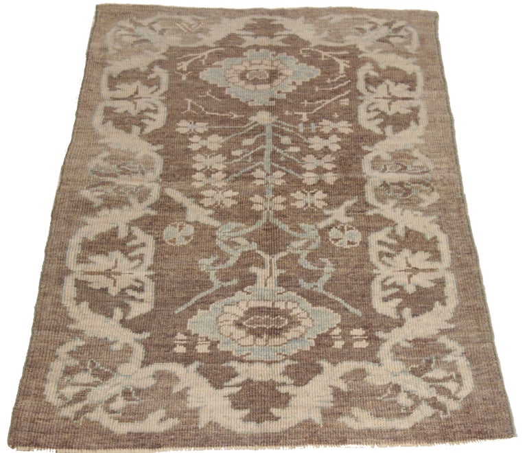 New Oushak Persian Rug with Floral Field and Border in Ivory and Blue ...